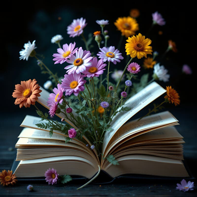 Open Book with Flowers Blooming from Its Pages Stock Illustration ...