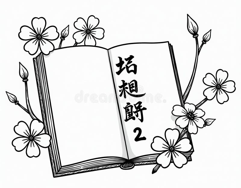 Open Book with Flowers and Japanese Characters Stock Illustration ...