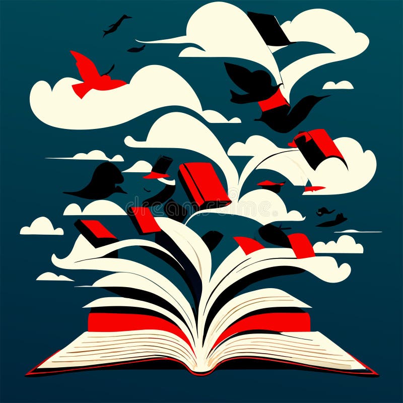 Open Book with Flying Birds and Clouds in the Sky. Vector Illustration ...