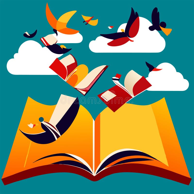 Open Book with Flying Birds and Clouds in the Sky. Vector Illustration ...
