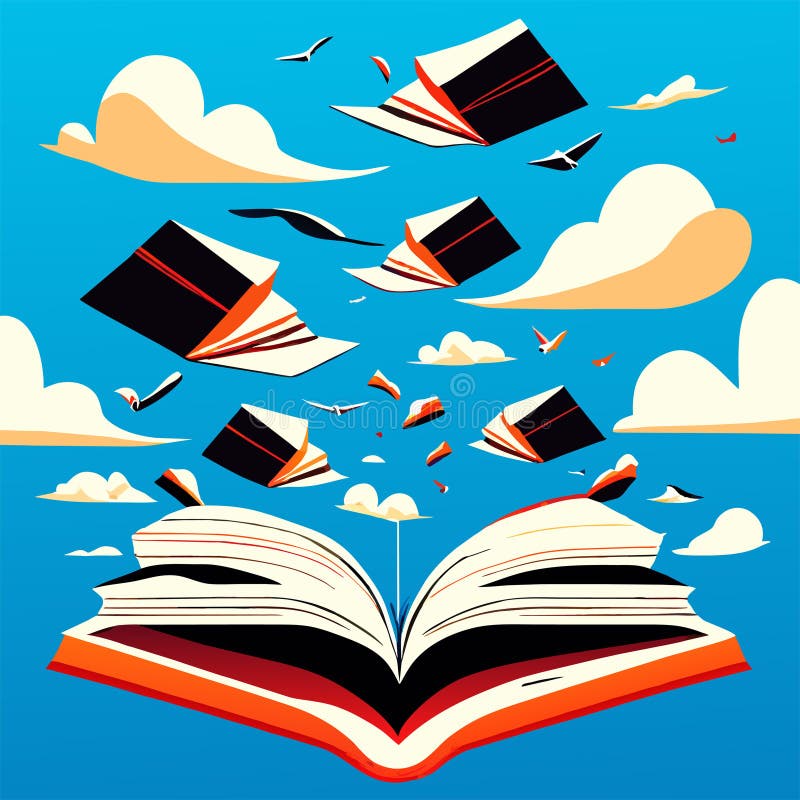 Open Book with Flying Books and Clouds in the Sky. Vector Illustration ...