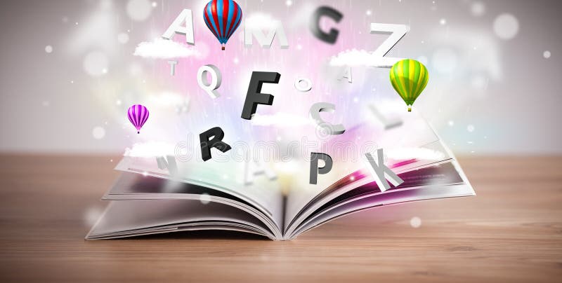 Open Book with Flying 3d Letters on Concrete Background Stock ...
