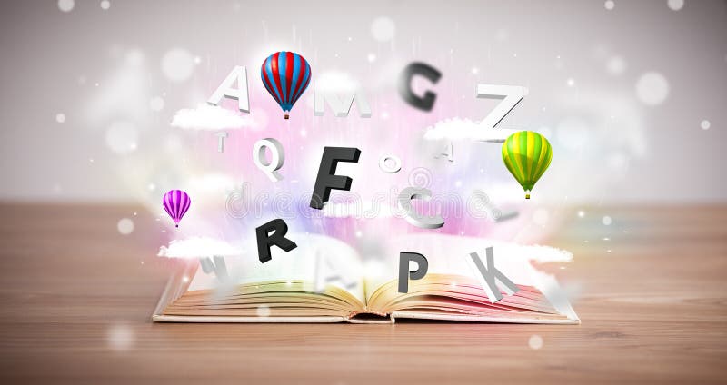 Open Book with Flying 3d Letters on Concrete Background Stock Image ...