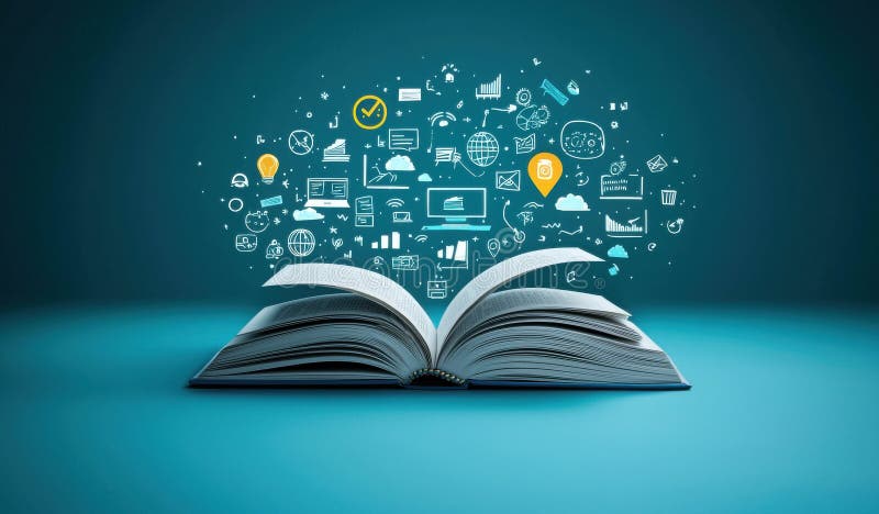Open Book with Flying Digital Icons Symbolizing Knowledge and ...