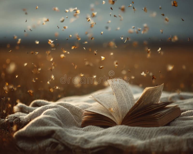 Open Book with Flying Insects in a Field at Sunset Stock Illustration - Illustration of field ...