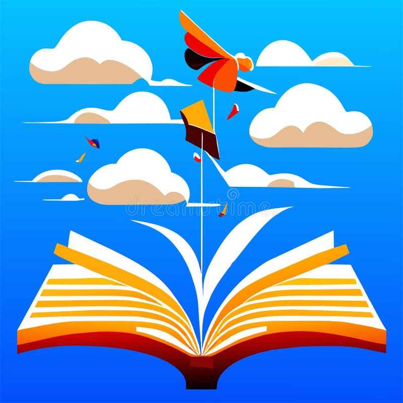 Open Book with Flying Kite in the Sky. Vector Illustration Stock ...