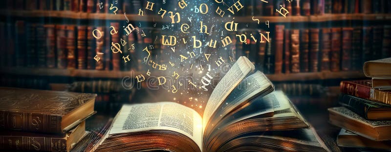Open Book with Flying Letters in the Library. Education Concept Stock ... Open Book with Flying Letters in the Library. Education Concept Stock ...