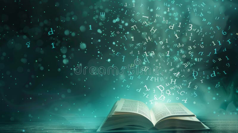 Open Book with Flying Letters and Magical Glow Stock Illustration ...
