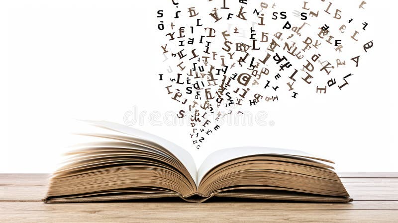 Open Book with Flying Letters on a White Background, Education Art ...