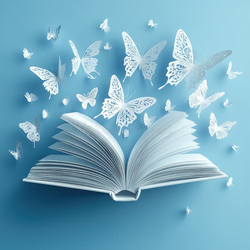 Open Book with Flying Pages and Butterfly in Paper Art Style on Blue ...