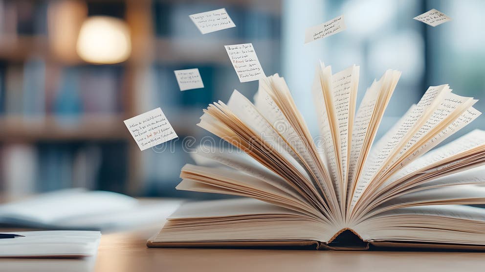 Open Book with Flying Pages in a Cozy Library Setting, Showcasing the ...