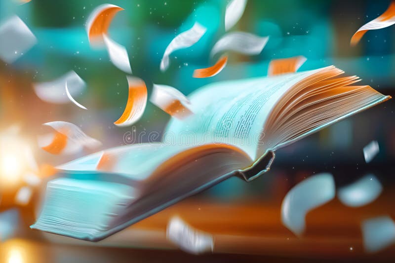 Open Book with Flying Pages in Vibrant Library Setting Stock ...