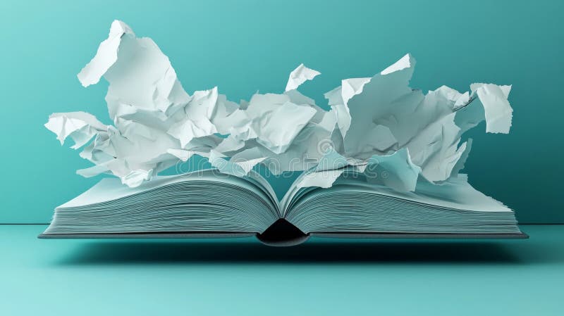 Open Book with Flying Papers Teal Background Stock Illustration ...