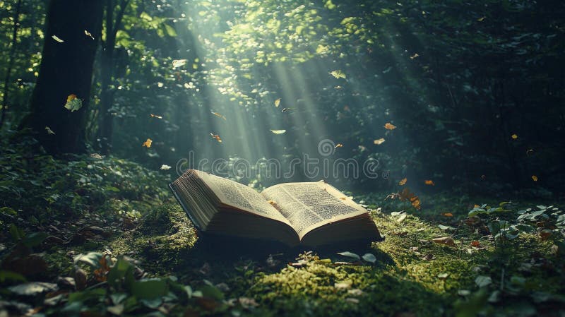 Open Book in a Forest with Sunlight Rays Shining through Leaves Stock ...