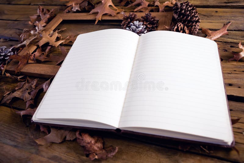 Open Book and Frame on Wooden Table Stock Photo - Image of pine, cone ...
