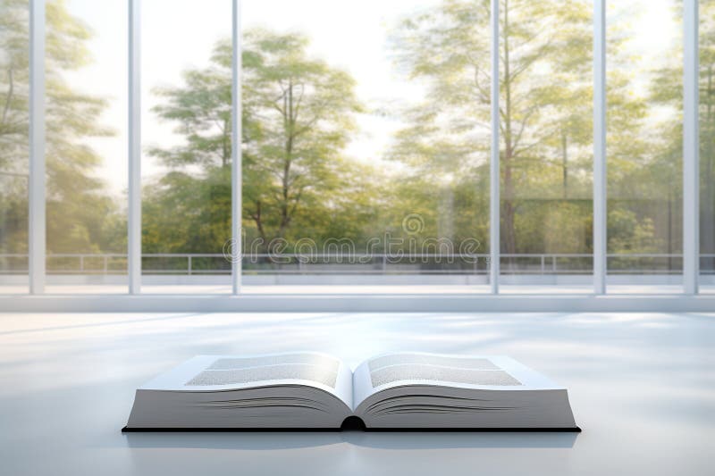 An Open Book in Front of a Large Window of a Modern Library Behind ...
