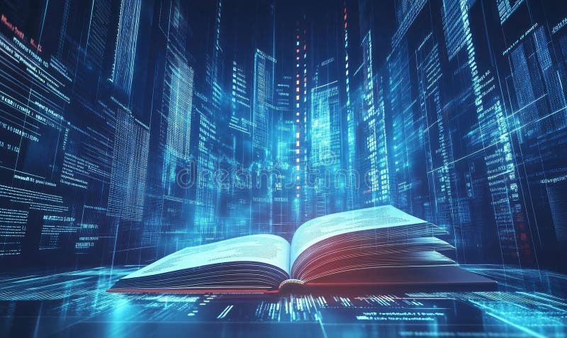 Open Book with Futuristic Digital Background and Glowing Blue Data ...