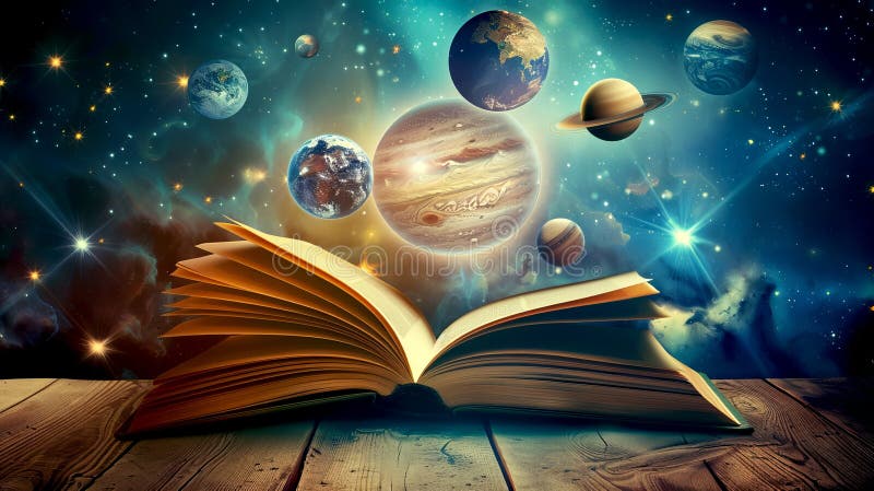 Open Book with a Galactic Backdrop Showcasing Planets and Stars. Conceptual Image Ideal for ...
