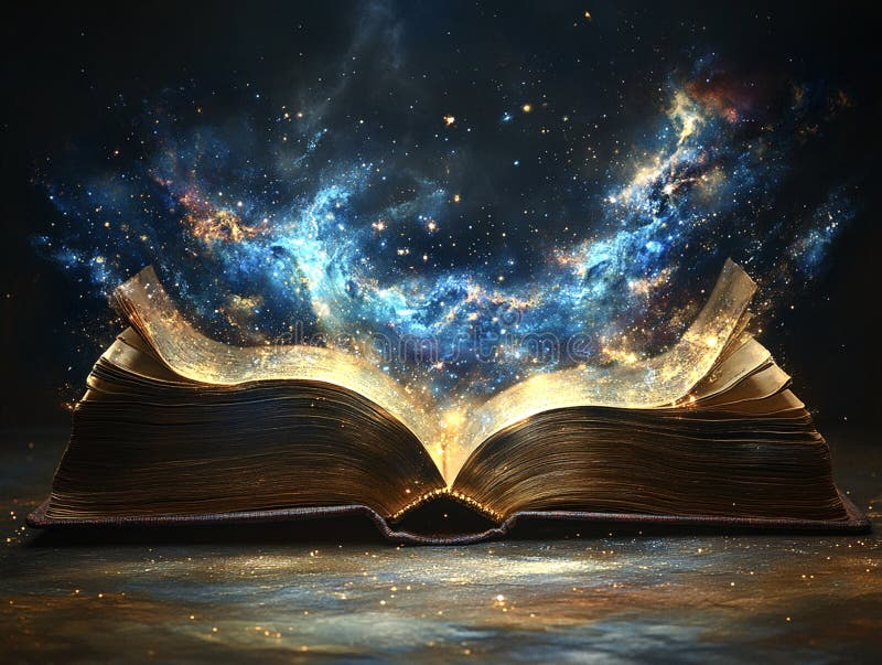 An Open Book with the Galaxy and Stars in Space Emerging from it Stock ...