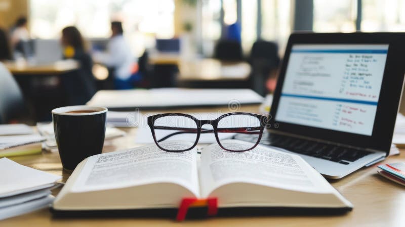Open Book with Glasses and Coffee Mug on Desk in Cozy Workspace Stock ...
