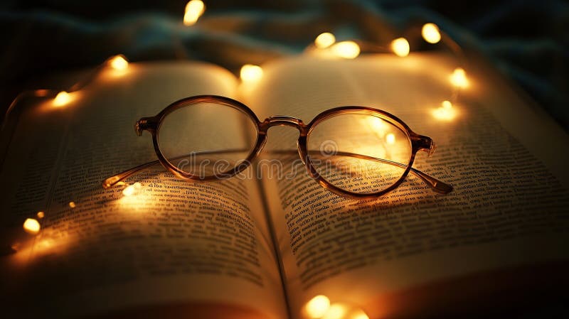 Open Book with Glasses and Fairy Lights Stock Illustration ...