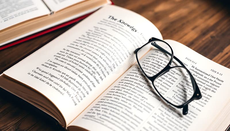 Open Book with Glasses, Reading Literature and Knowledge Concept Generative AI Stock ...