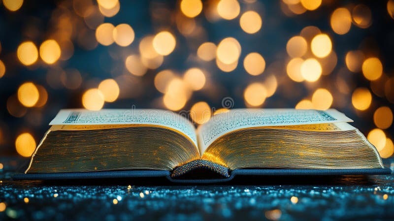 Open Book on Glitter, Glowing Background Lights Stock Illustration ...