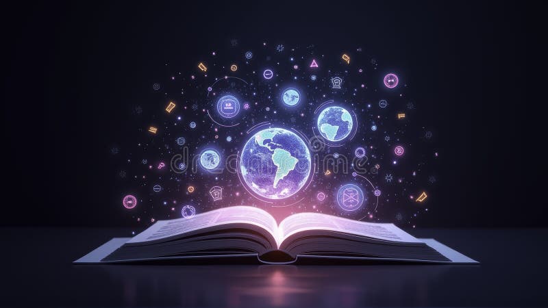 Open Book with Global Icon and Icons Stock Illustration - Illustration ...