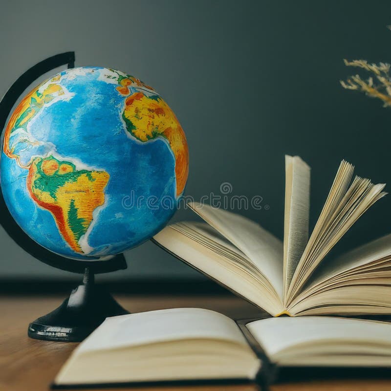 Open Book with Globe on a Table Stock Illustration - Illustration of ...