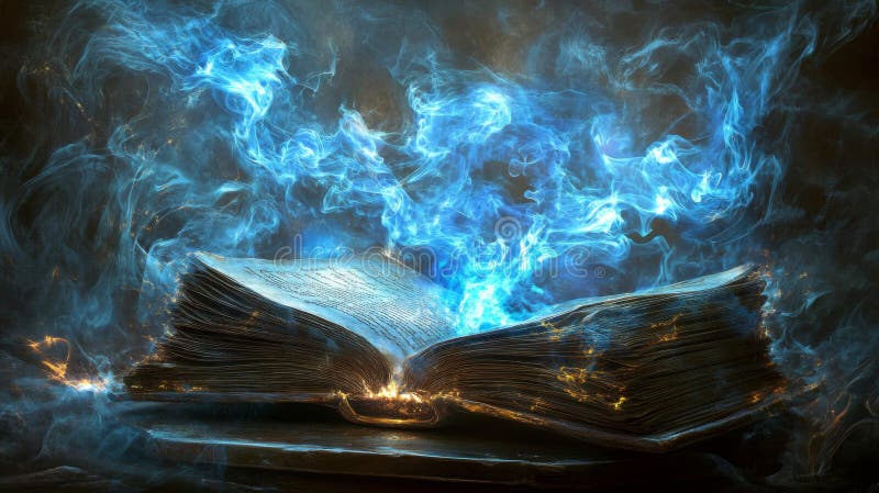 Open Book with Glowing Blue Flames and Golden Details Stock ...