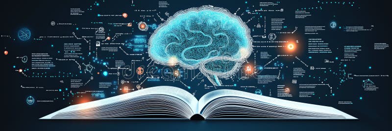 Open Book with Glowing Brain Illustration and Data Visualization Stock ...