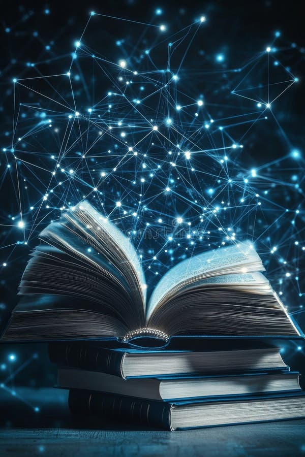 Open Book with Glowing Connections Representing Knowledge and Technology in a Digital Landscape ...
