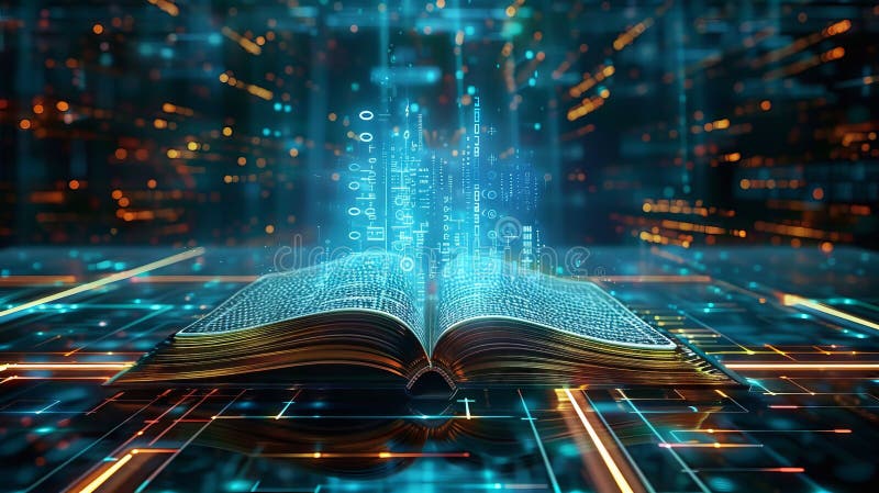 An Open Book with Glowing Digital Data Emerging from Its Pages ...