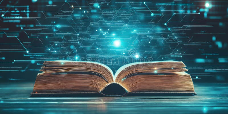 Digital Data Emerging from an Open Book in a Futuristic Space with Red ...