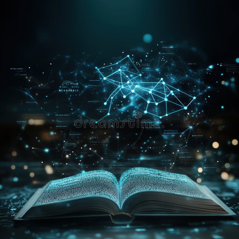 Open Book with Glowing Digital Data Visualization and Network ...