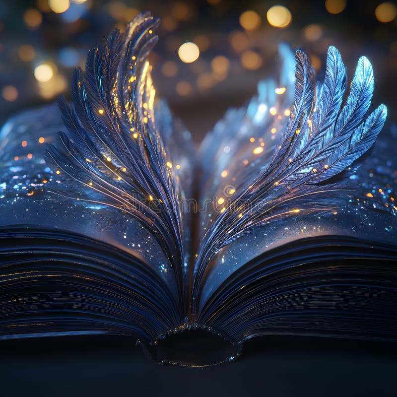 Open Book with Glowing, Feather-like Pages and Shimmering Lights Stock ...