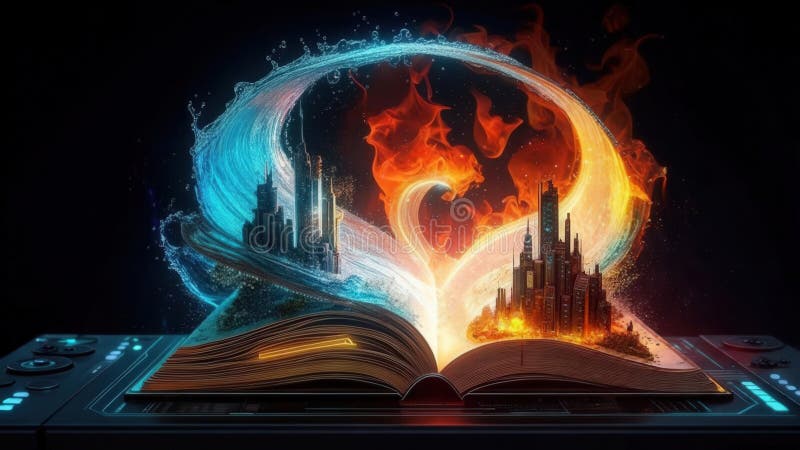 Open Book with Glowing Fire and Water Elements Forming Cityscapes ...