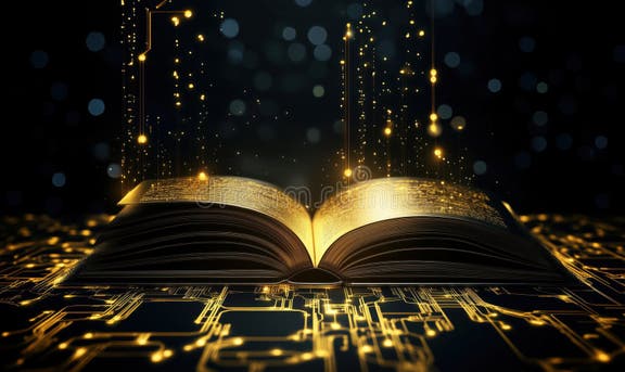Open Book with Glowing Golden Pages and Digital Circuit Patterns ...