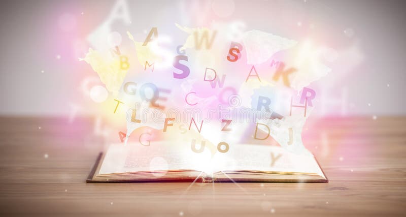 Open Book with Glowing Letters on Concrete Background Stock Photo ...
