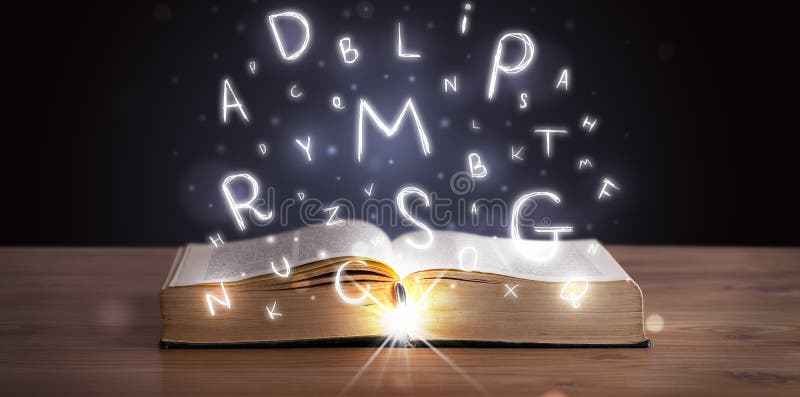 Open Book with Glowing Letters Flying Out Stock Image - Image of grunge ...