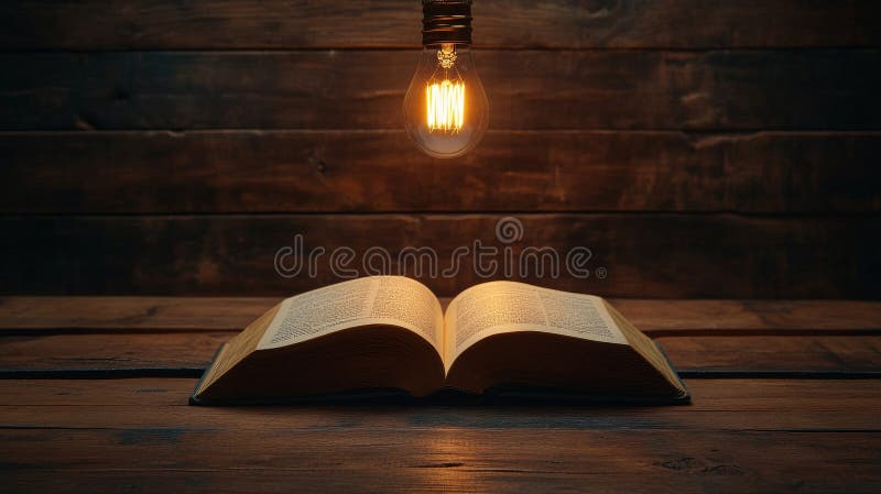 Open Book with Glowing Light Bulb Above on Wooden Table, Knowledge and ...