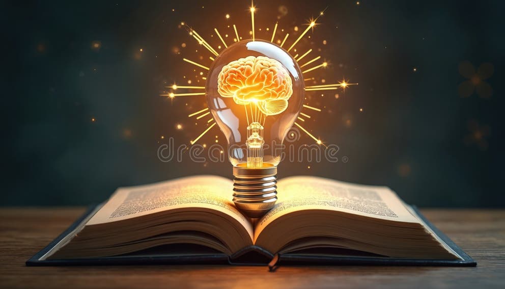 Open Book with Glowing Light Bulb, Brain Inside. Symbol of Knowledge, Intelligence, Education ...