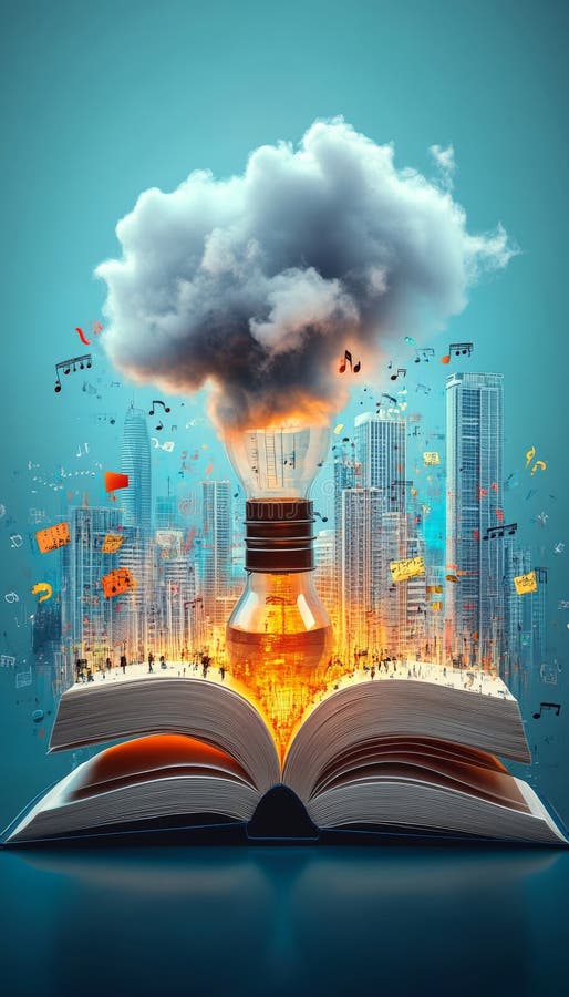Open Book, Glowing Light Bulb Cloud, Cityscape, Flying Papers ...