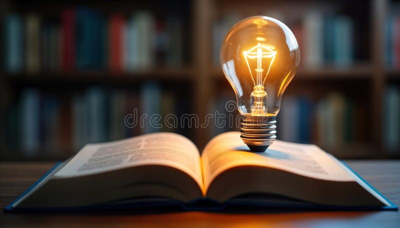 Open Book with Glowing Light Bulb. Idea Concept for Inspiration from ...