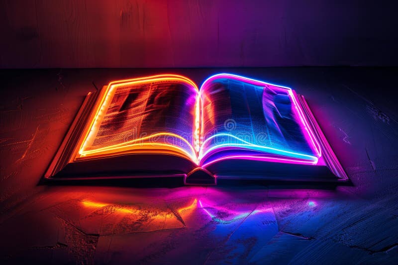 Open Book Glowing Neon Lights Dark Background Stock Photos - Free ...