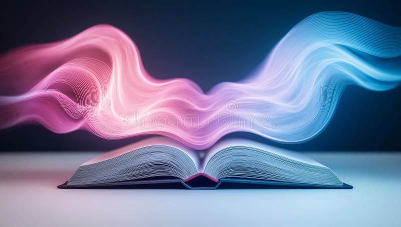 Open Book with Glowing Pages Emits Vibrant Waves of Pink and Blue Light ...