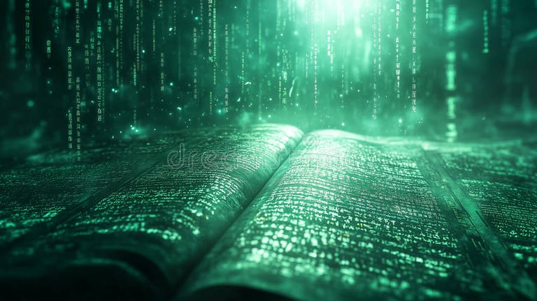 An Open Book with Glowing Text and Falling Matrix Style Green Code Rain ...