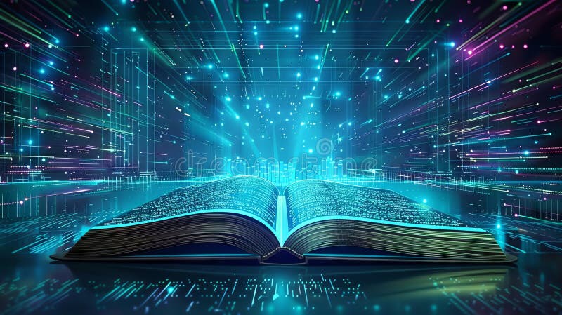 Open Book with Glowing Virtual Data Streams, Representing Digital Education, Technology, and ...