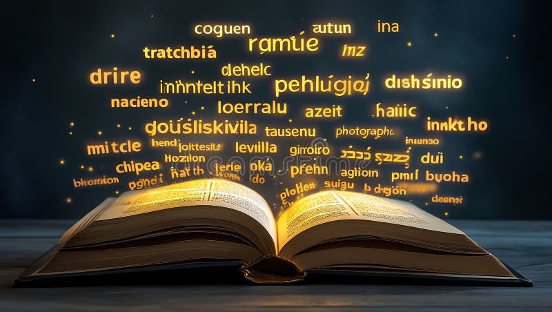 Open Book with Glowing Words in Multiple Languages Stock Illustration ...