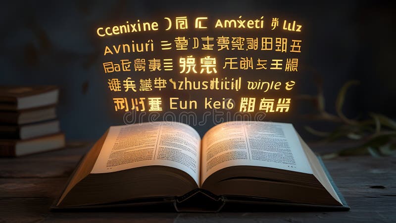 Open Book with Glowing Words in Multiple Languages Stock Illustration ...
